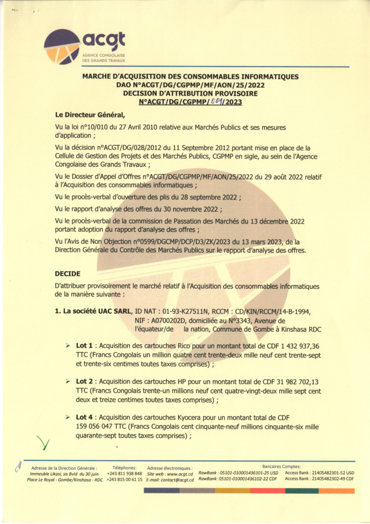 ATTRIBUTION PROVISOIRE ACCORDEE A LA SOCIETE « UAC SARL » LE LOT 1,2,4 ...