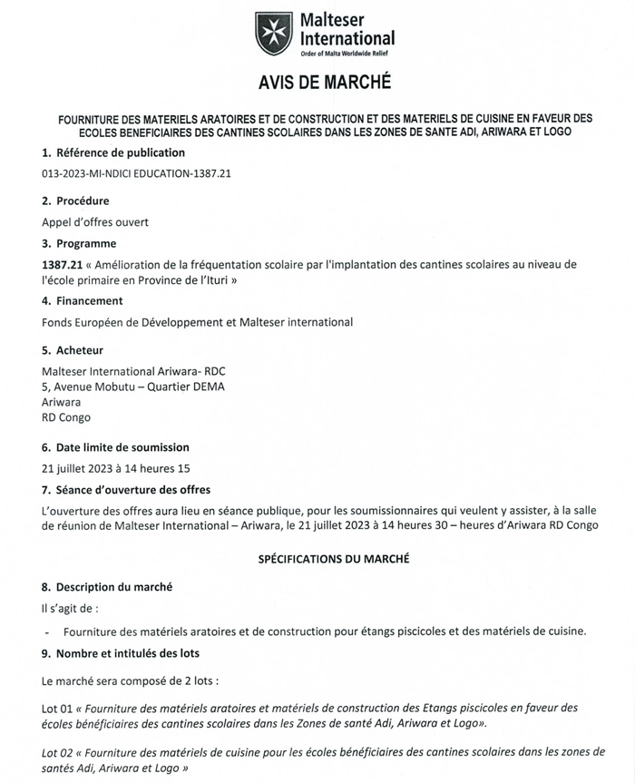FOURNITURE DES MATÉRIELS ARATOIRES ET DE CONSTRUCTION ET DES MATÉRIELS ...