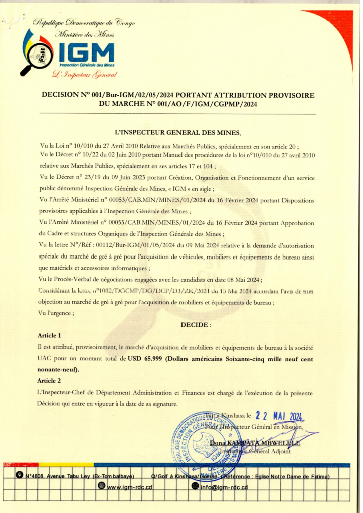 ATTRIBUTION PROVISOIRE ACCORDÉE À LA SOCIÉTÉ UAC RELATIVE À L ...