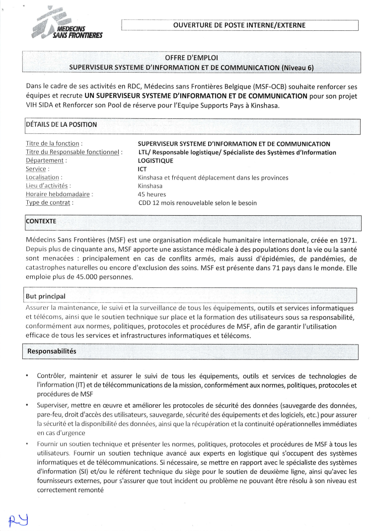 SUPERVISEUR SYSTEME D’INFORMATION ET DE COMMUNICATION - Congo Pub Online